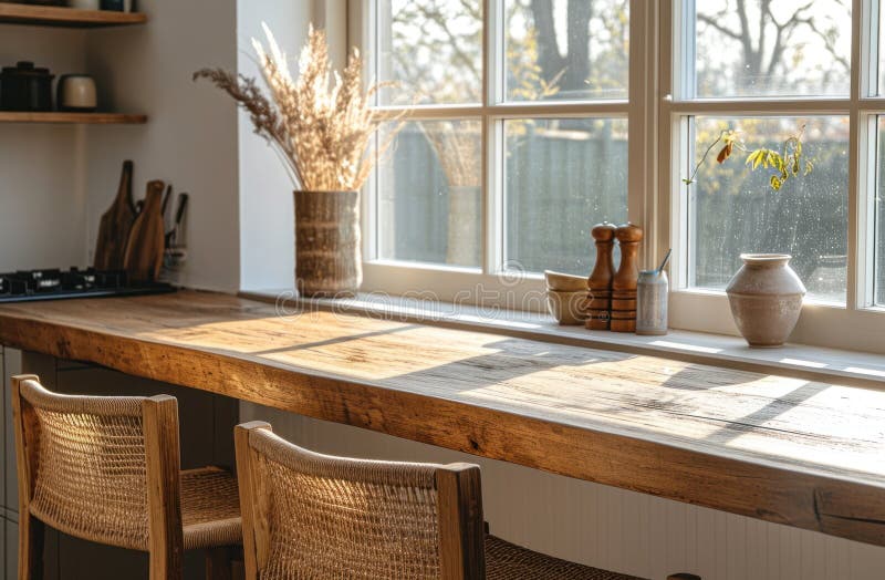 Modernstyle Wooden Kitchen Counter with Two Chairs Next To Windows ...