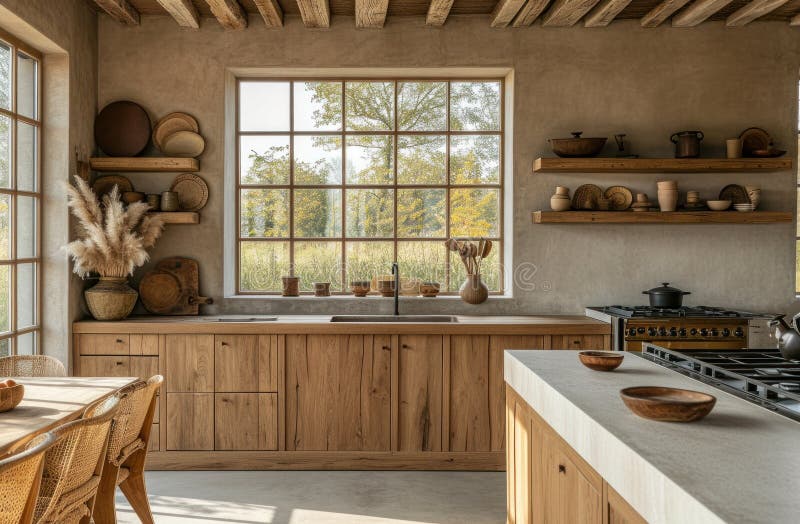 Modernstyle Wooden Kitchen Counter with Two Chairs Next To Windows ...