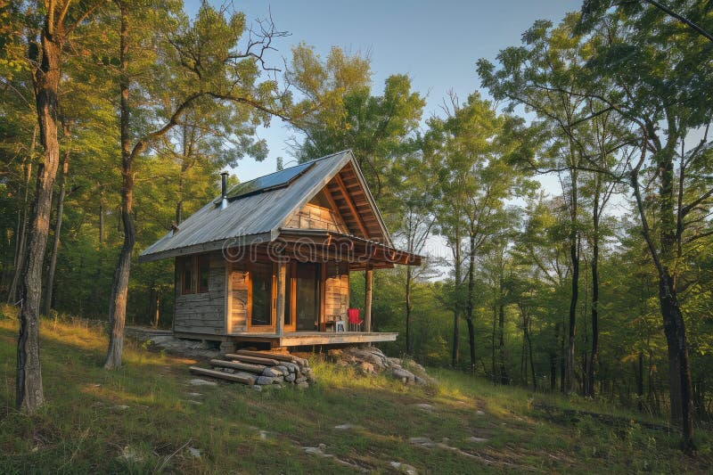 A Modest Cabin Nestled among Towering Trees in a Dense Forest, an Off ...