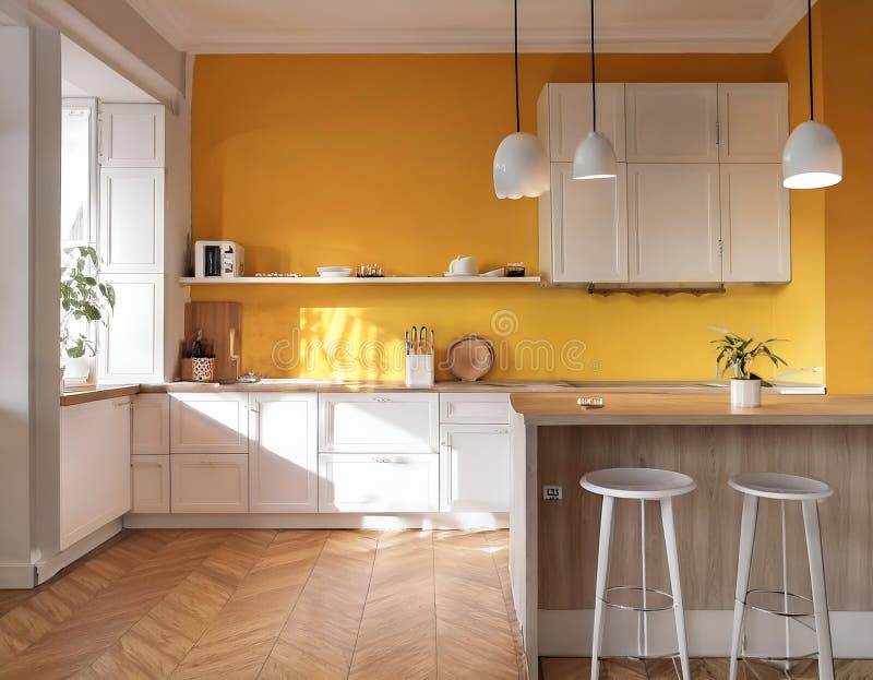 Modest Kitchen with Yellow Mustard Walls, Natural Light Stock ...