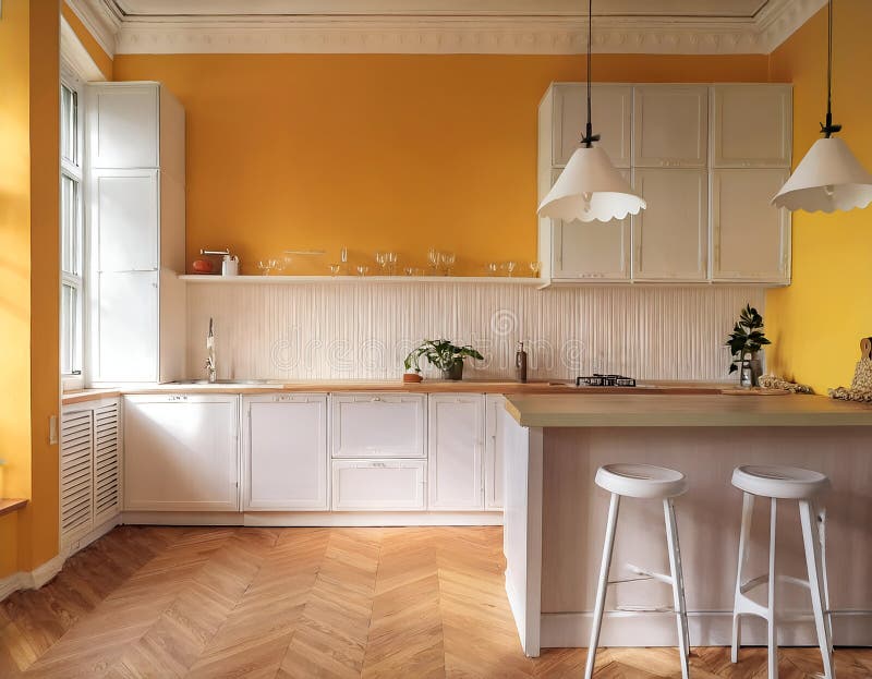 Modest Kitchen with Yellow Mustard Walls, Natural Light Stock ...