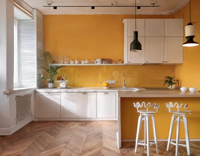 Modest Kitchen with Yellow Mustard Walls, Natural Light Stock ...