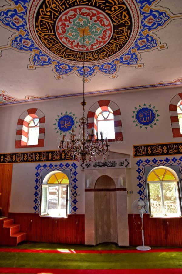Modest Simple Interior of a Small Turkish Village Mosque with One Miner ...