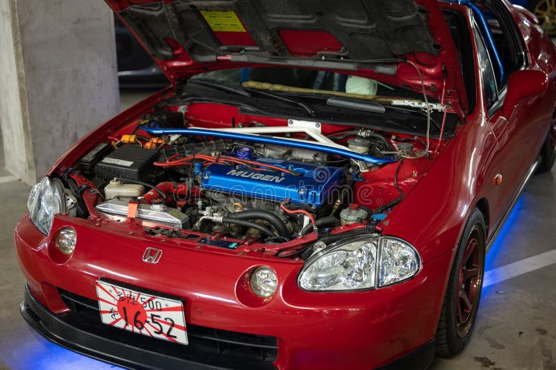 Modified Mugen Engine of the Red Honda CR-X Del Sol Parked in the ...