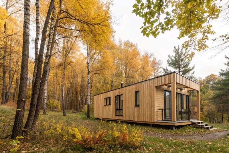Modular Apartment with Wood Sheathing in Autumn Forest Stock ...