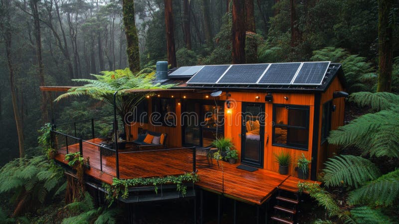 Modular Cabin with Solar Panels Surrounded by Lush Forest Greenery in ...