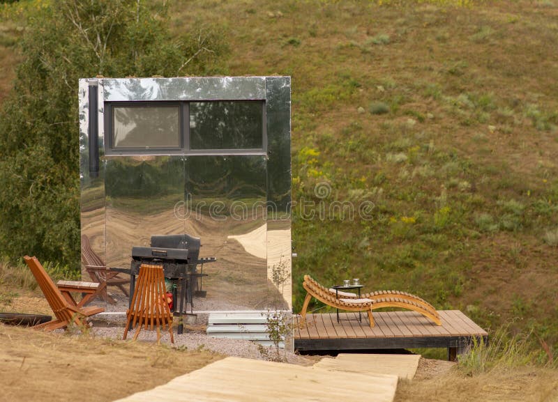 Modular Frame Mirror House on the Background of a Summer Forest. Mobile ...