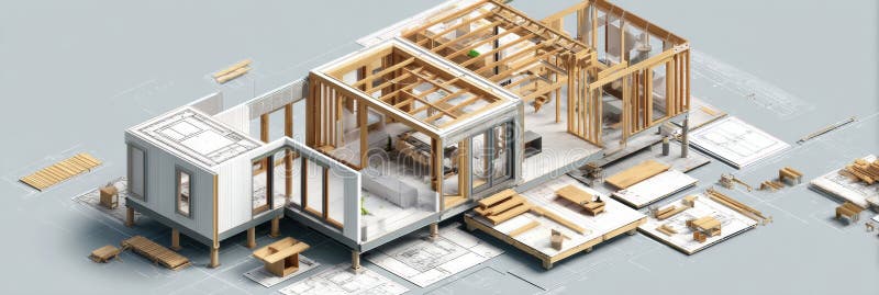 Modular House Construction Model Showcasing Detailed 3D Isometric Design with Space for Text ...
