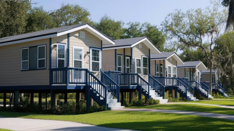 Modular Houses Raised Above the Ground with Stairs in Community ...