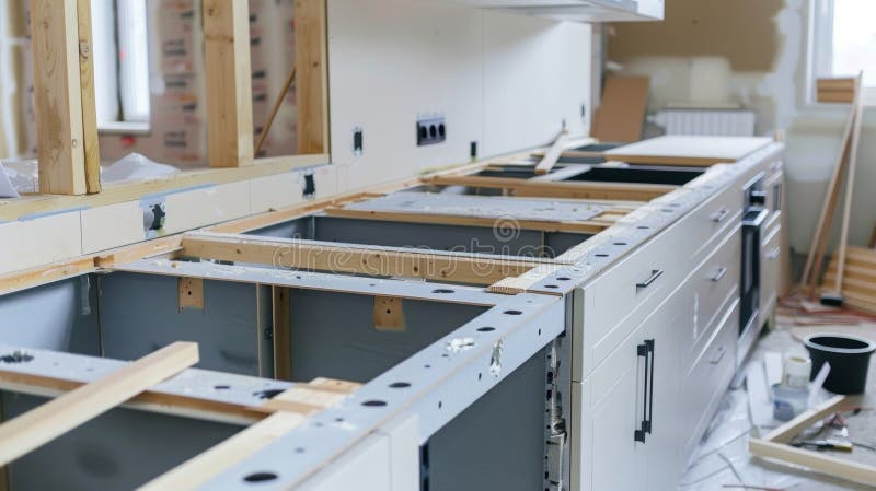 A Modular Kitchen Being Assembled with Prefabricated Cabinets ...