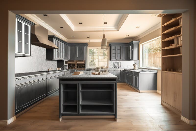 Modular Kitchen with Wooden Sitting Table and Grey Cabinets. Generative ...