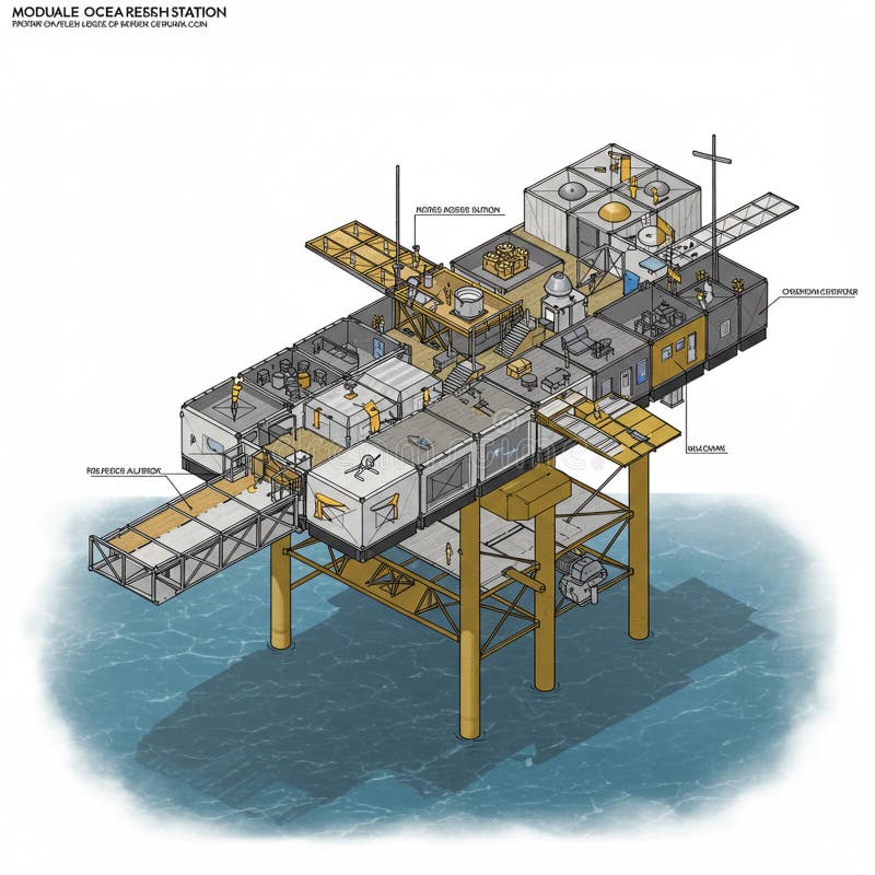 Modular Ocean Research Station Illustration Featuring Various Sections ...