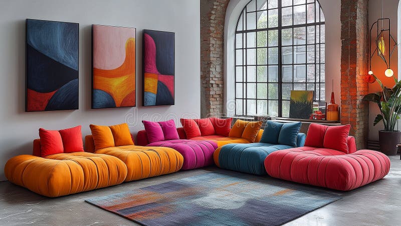 Bold Memphis-style Modular Sofa in Eclectic Loft Stock Illustration ...
