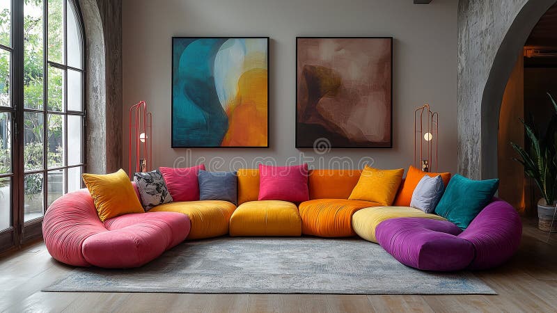 Bold Memphis-style Modular Sofa in Eclectic Loft Stock Illustration ...