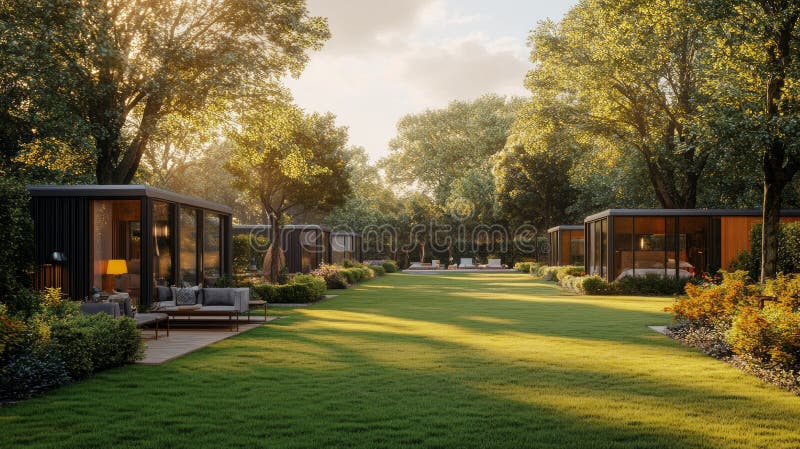 Modular Tiny Home Community with Sleek Houses and Inviting Greenery in ...