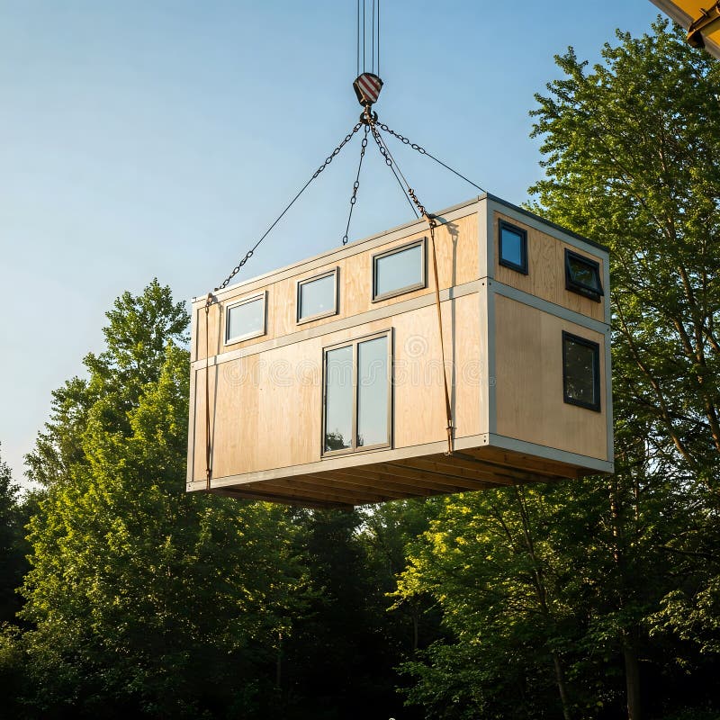 Modular Tiny House with Light Wood Exterior Suspended by Chains Stock ...