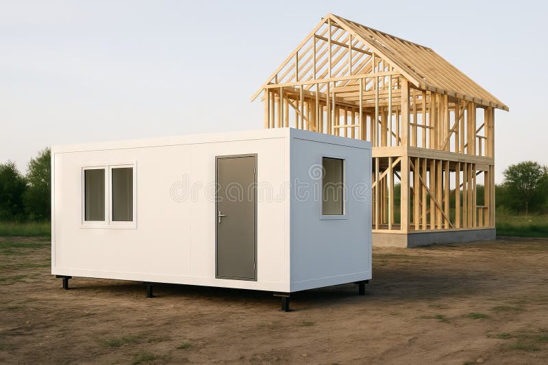 Modular and Traditional Homes in Construction Site with Wooden ...