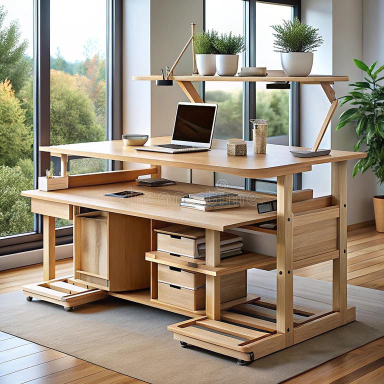 Modular Wooden Workstation Desk with Adjustable Height and Storage ...