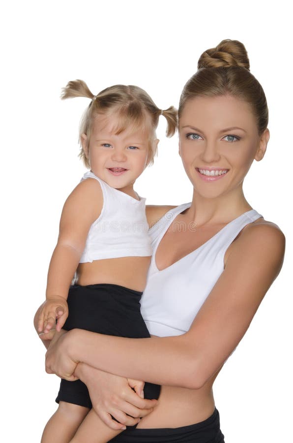 Moeder Met Haar Dochter in Kleren Voor Geschiktheid Stock Afbeelding ...