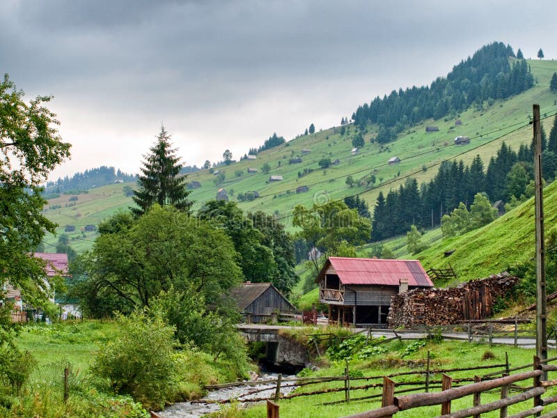 Mountain Landscape and Moieciu Village Stock Photo - Image of reeds ...