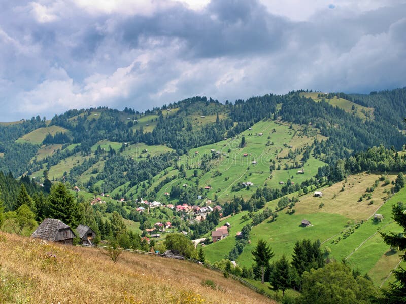 Mountain Landscape and Moieciu Village Stock Image - Image of village ...