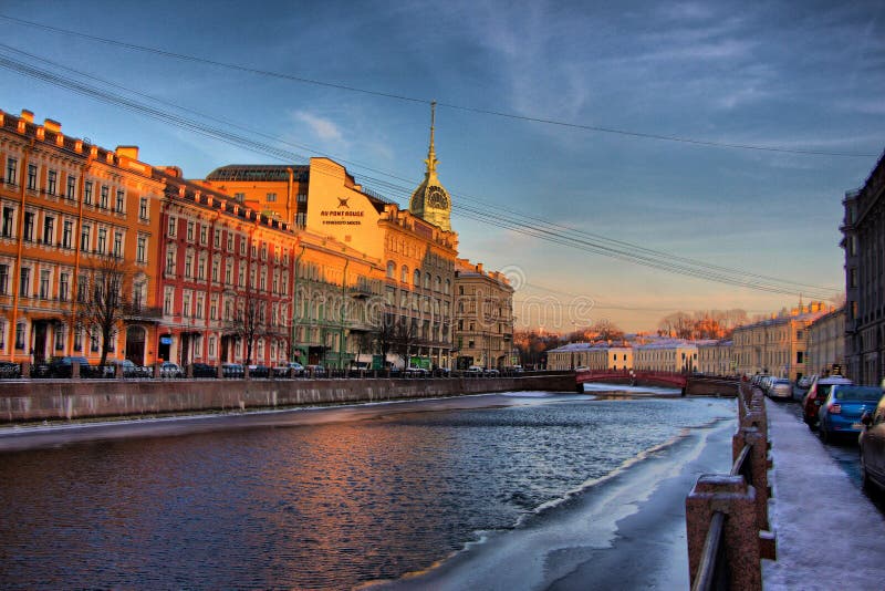 Moika River Embankment and Red Bridge Editorial Photo - Image of house ...