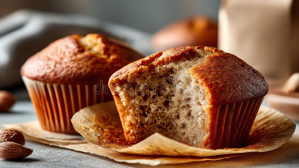 Moist Muffin Cut in Half Showing Fluffy Interior, Surrounded by Almonds ...