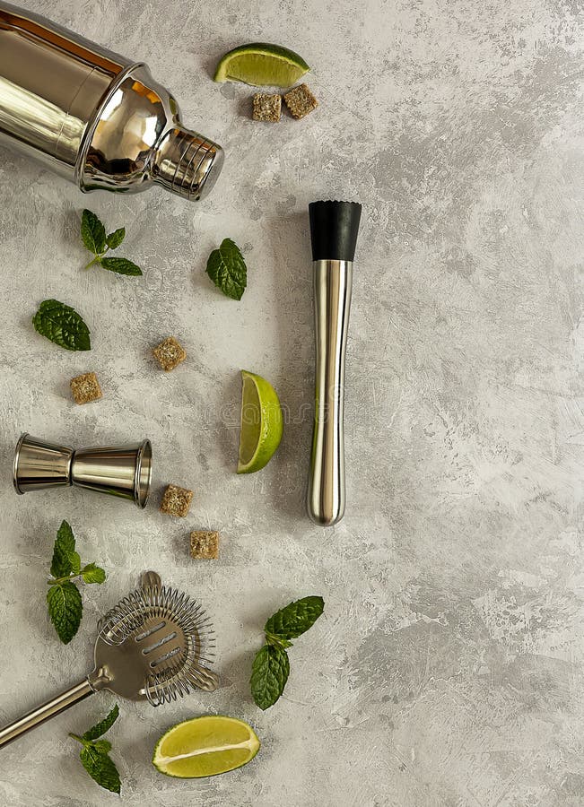 Mojito Cocktail Ingredients and Tools on Light Table Stock Photo ...