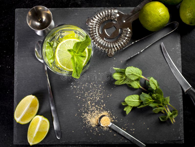 Mojito Cocktail Making. Ingredients and Utensils. Stock Image - Image ...
