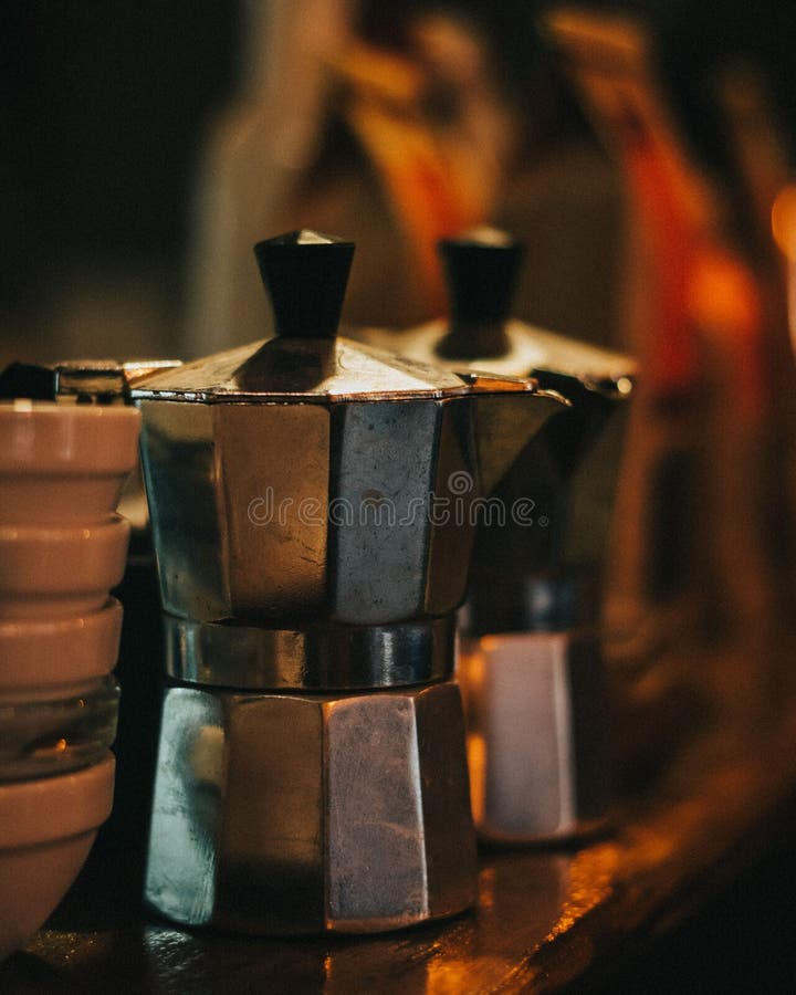 Moka Coffee Pots in the Cafe Bar. Stock Image - Image of moka, beverage ...
