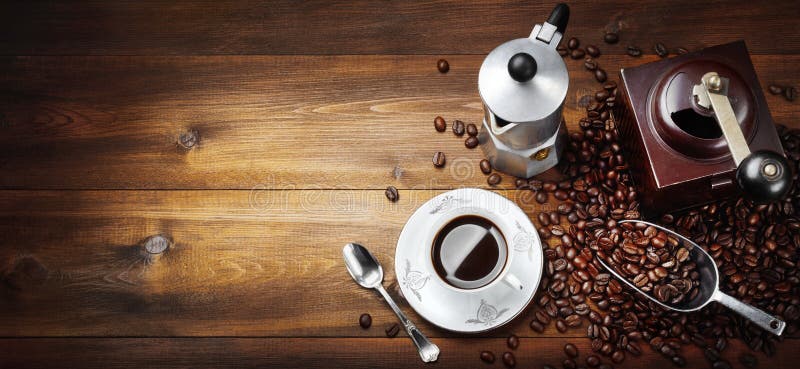 Moka with Espresso Cup, Coffee Beans, Scoop and Grinder in Vintage ...