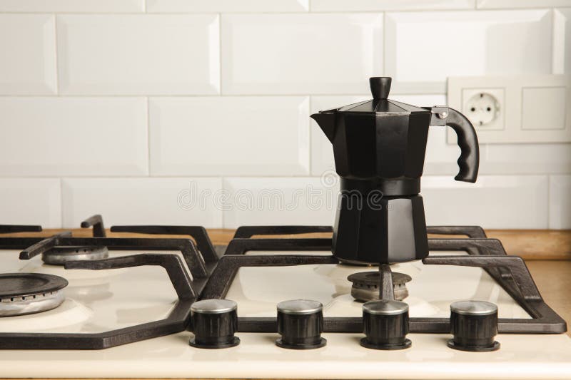 Moka Pot on the Background of the Kitchen. Stock Image - Image of ...