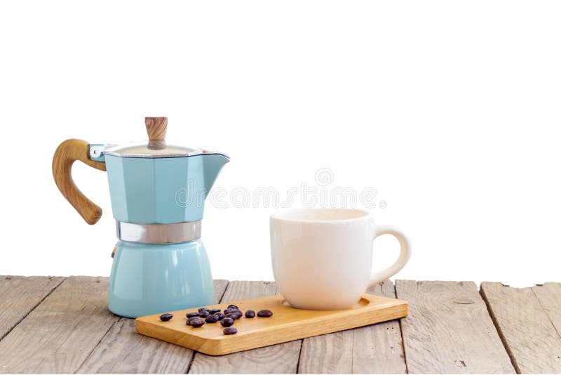 Moka Pot Coffee Maker and Coffee Cup on Wood Table Stock Photo - Image ...