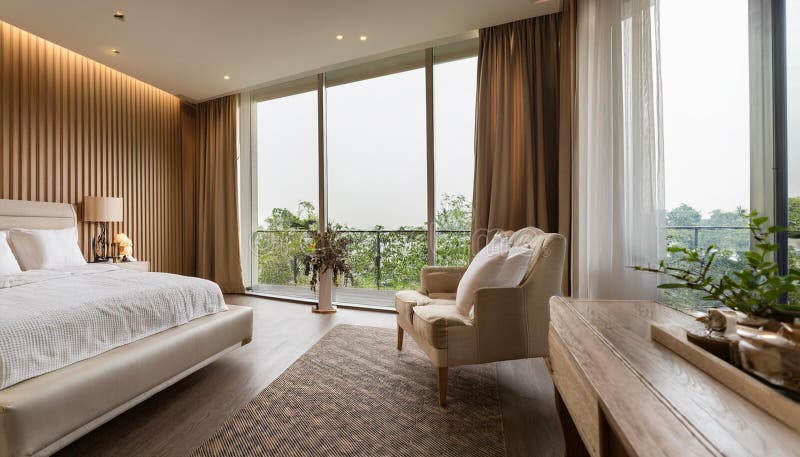 Molding Hotel Bedroom Interior with Bed and Beauty Table with Panoramic ...