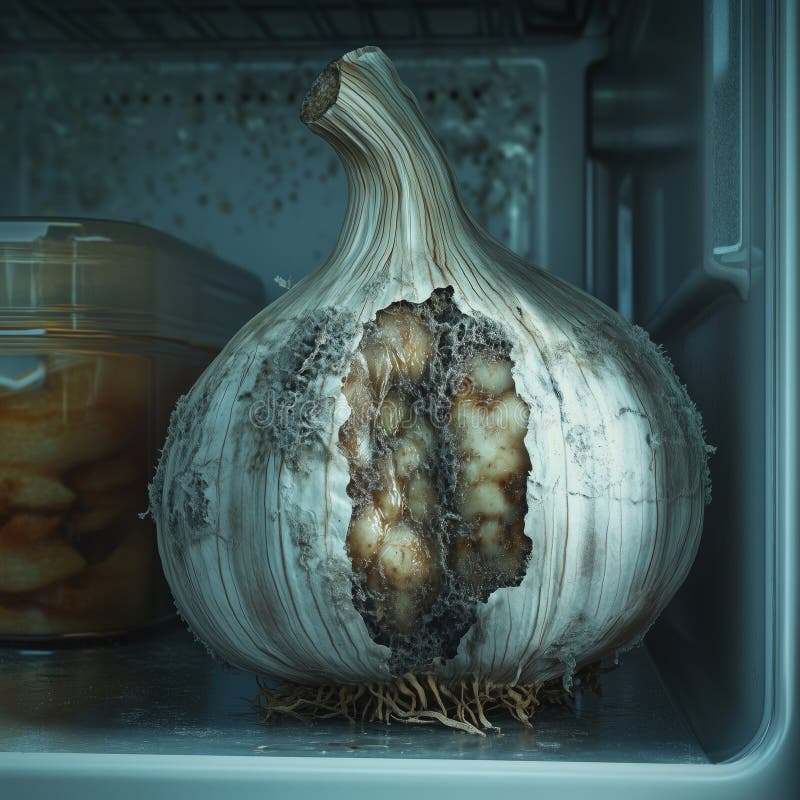 Moldy Garlic Bulb in Refrigerator with Food Storage Container Stock ...