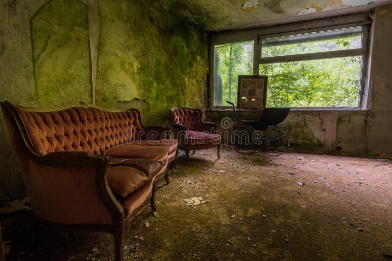 Moldy Room with Sofa and a Stroller Stock Image - Image of oblivion ...