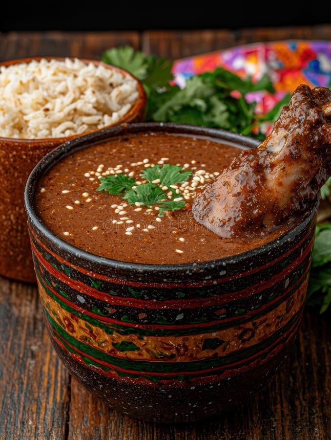 Mole Poblano with Chicken Leg and Rice, Garnished with Sesame Seeds and ...