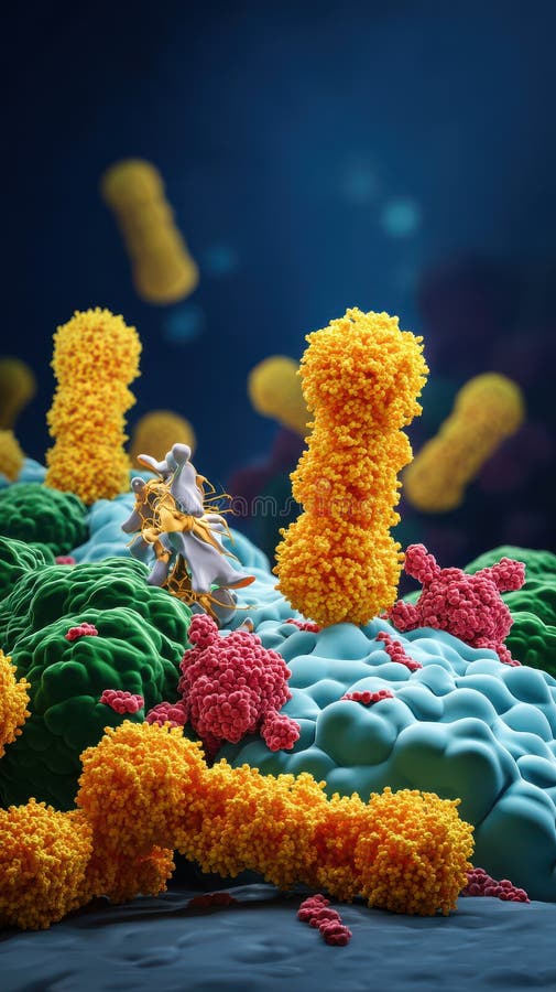 Molecular Biology Structures Interacting on Cell Surface, Representing ...