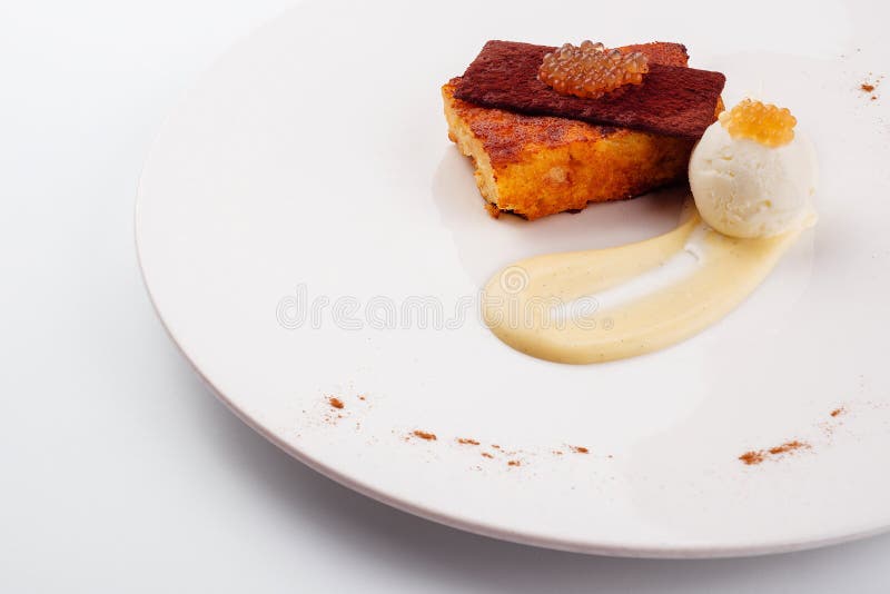 Molecular Cuisine. Ice Cream, Applesauce Caviar and Casserole Stock ...