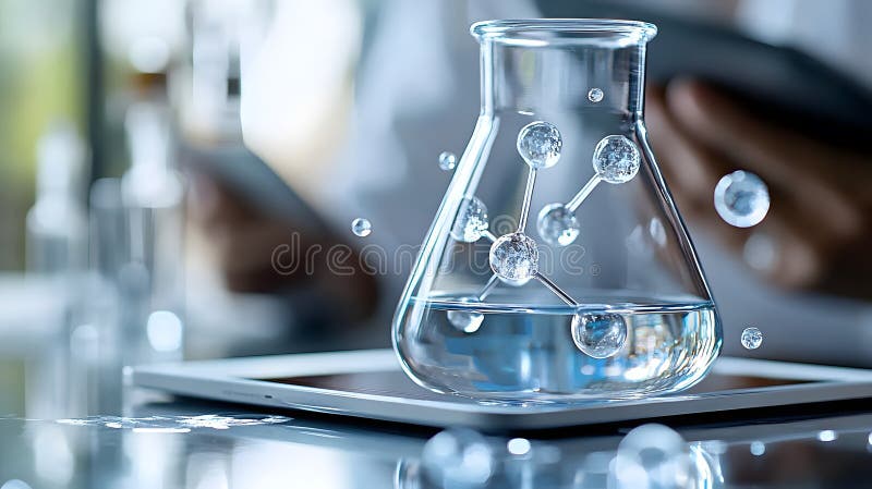 Molecular Model Inside a Glass Flask with Clear Liquid on a Lab Table ...