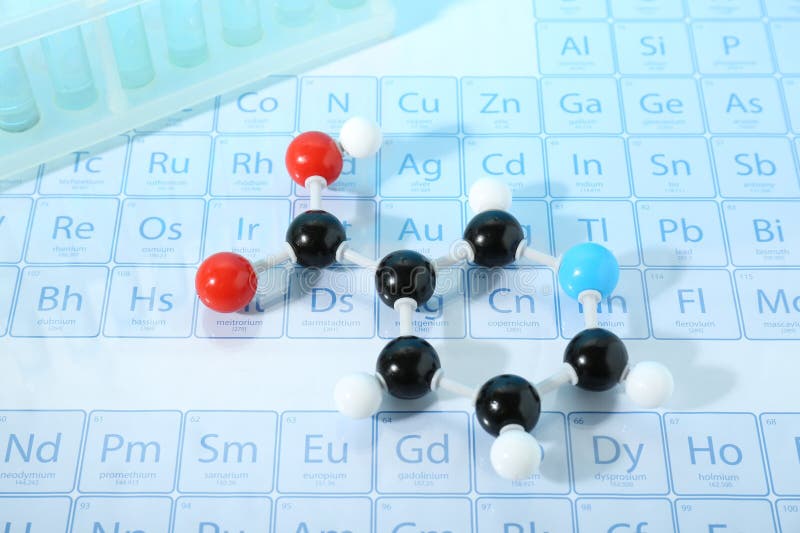 Molecular Model on Periodic Table of Chemical Elements Stock Photo ...