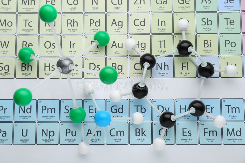 Molecular Models on Periodic Table of Chemical Elements, Flat Lay Stock ...