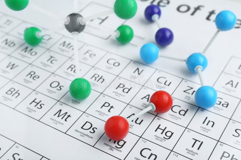 Molecular Models on Periodic Table of Chemical Elements Stock Photo ...