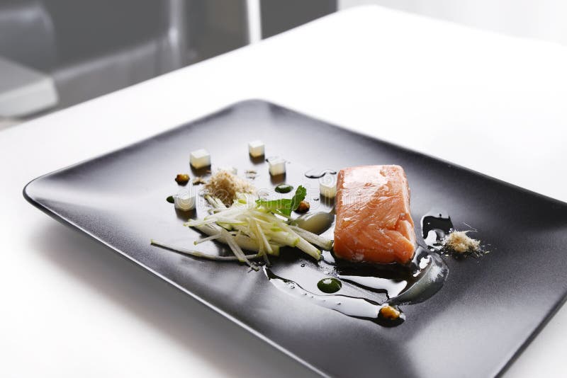 Molecular Modern Cuisine Red Fish Stock Photo - Image of crockery ...