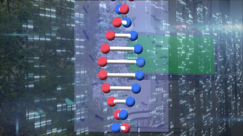Molecular Structure Floating Over City Skyline, Featuring Red and Blue ...