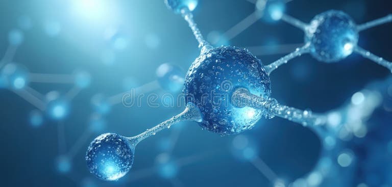 Molecular Structure in Microscopic View. Clear Water Drops on Blue ...