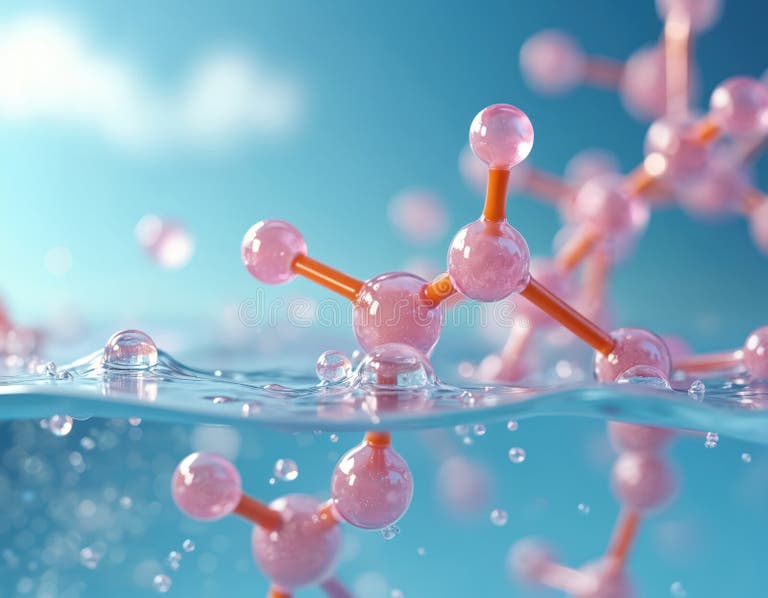 Molecular Structure Model in Clear Blue Water with Oxygen Bubbles. Pink ...