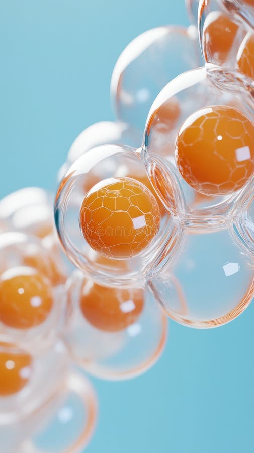 Molecular Structure with Orange Spheres Inside Transparent Bubbles on a ...