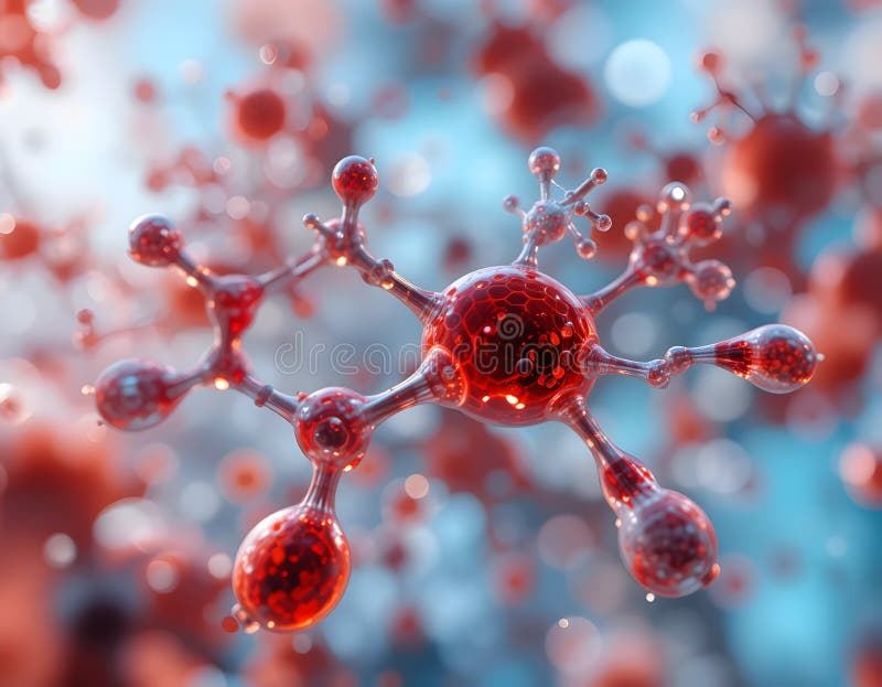 Molecular Structure with Red Particles Floating in Abstract Background ...