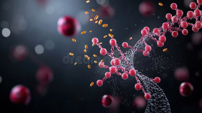Molecular Structure with Red Spheres and Particles Stock Illustration ...